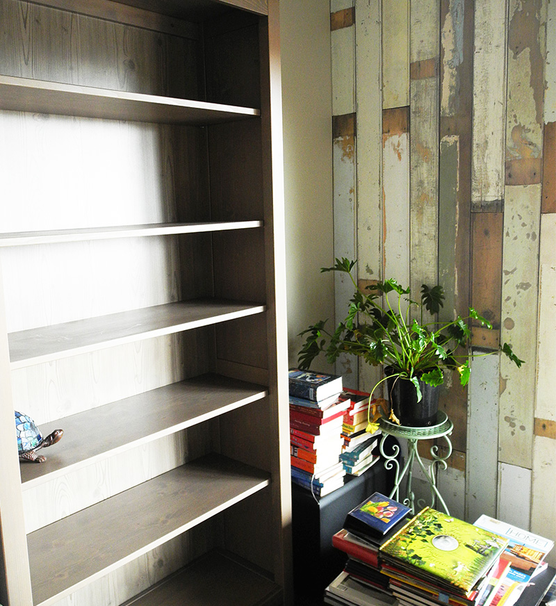Jules Madden: Bookcase Update- DIY Fabric Wallpaper Project