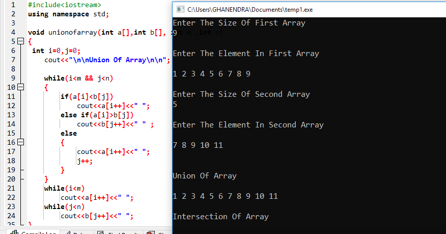 C Program To Find The Union And Intersection Of Two Array In 