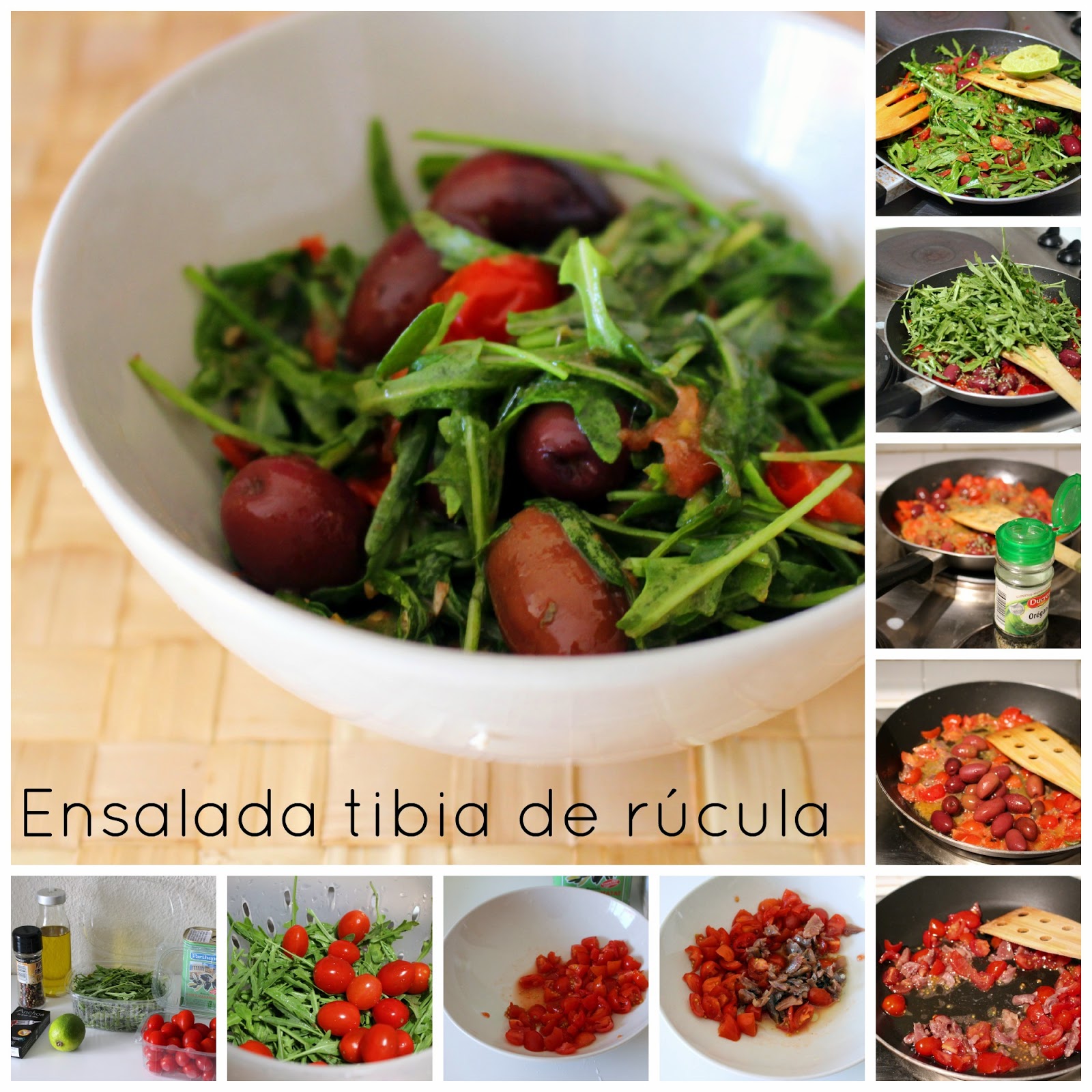 Ensalada tibia de rúcula, anchoas y aceitunas kalamata