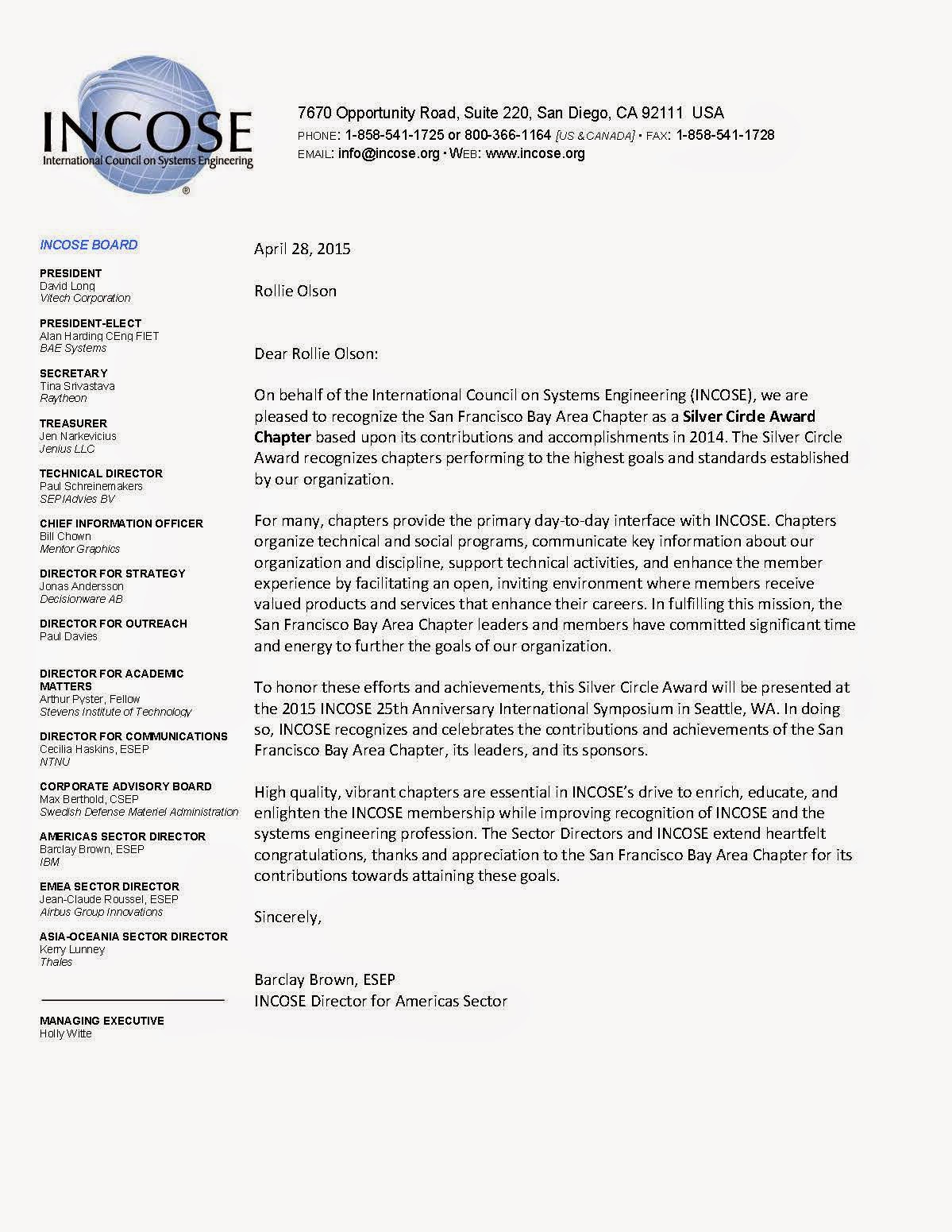 INCOSE San Francisco Bay Area Chapter: INCOSE SFBAC Recognized as ...