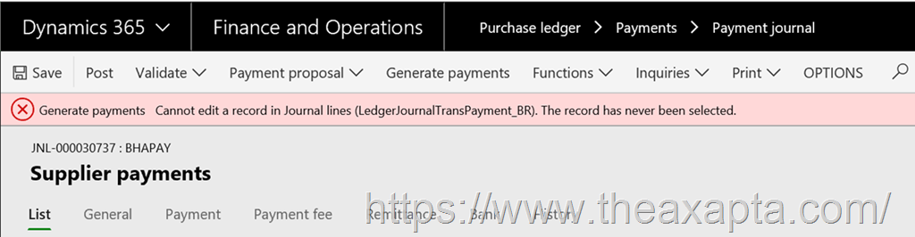 Axapta Vs Me Solved Error While Generating Vendor Payment Msdyn365fo