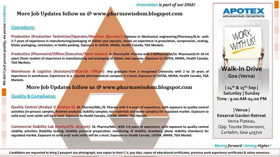 APOTEX - Walk-In Drive for Multiple Positions On 24th & 25th September ...