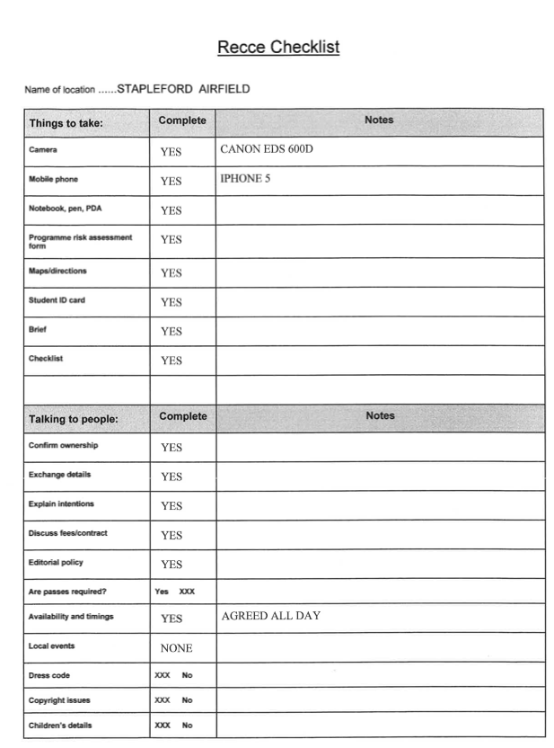 Recce Checklist | 50191451 - Ashley John Hodges - Level 3 TV and Film ...