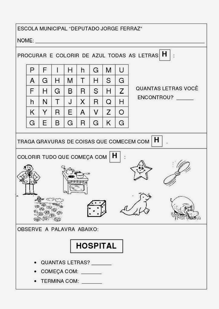 Companheiros da Educação: ATIVIDADES COM A LETRA H PRONTAS PARA IMPRIMIR
