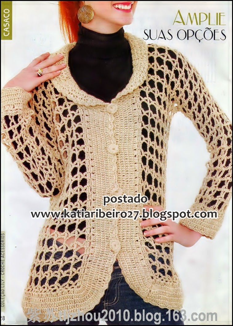 Casaco em crochê com receita e gráfico - Katia Ribeiro Crochê Moda e ...