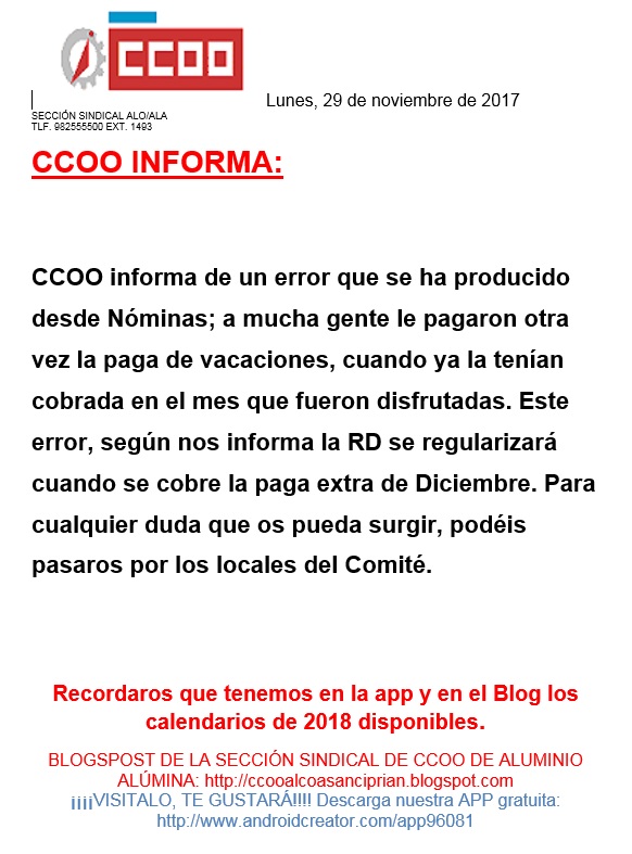 SECCIÓN SINDICAL ALO/ALA ALCOA SAN CIPRIAN: Información Error en ...