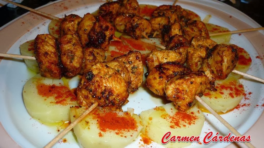 Las Recetas de Carmen: Brocheta de pollo macerado 5 especias a la gallega.