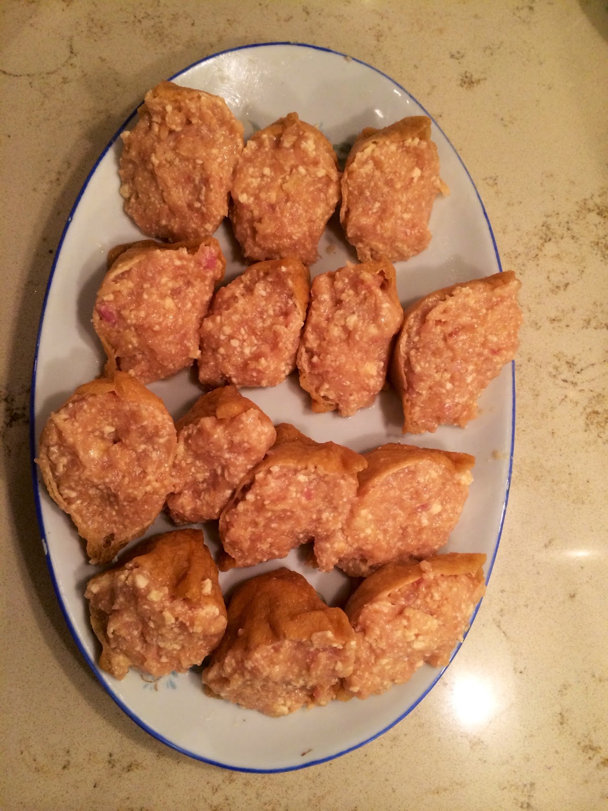 Meat and Tofu stuffed Aburaage (Meat and Tofu Inari "sushi")