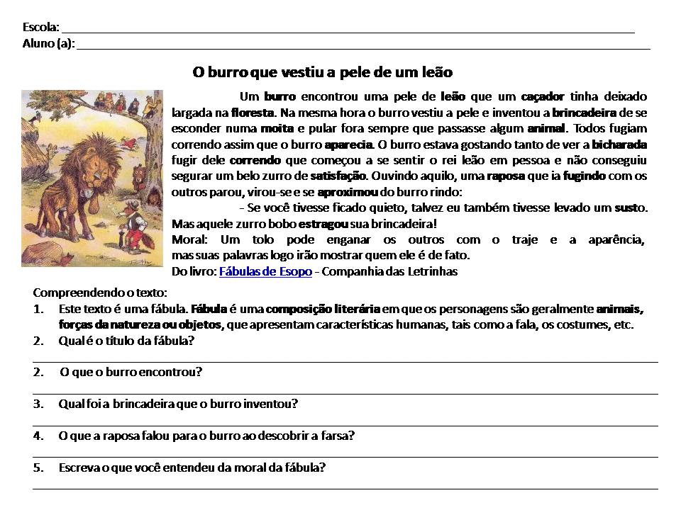Construindo o Saber: Leitura e interpretação de texto fábula