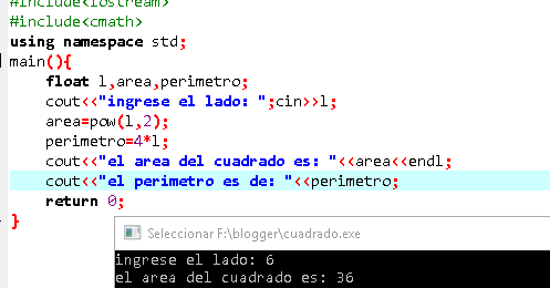 área y perímetro del cuadrado en c++ y java ejercicio
