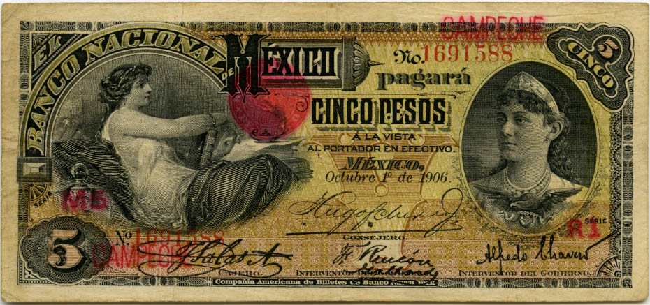 Mexican banknotes 5 Pesos banknote 1906 Banco Nacional de Mexico|World ...