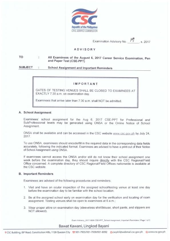 Civil Service Exam PH: Online Notice of School Assignment (ONSA) for ...