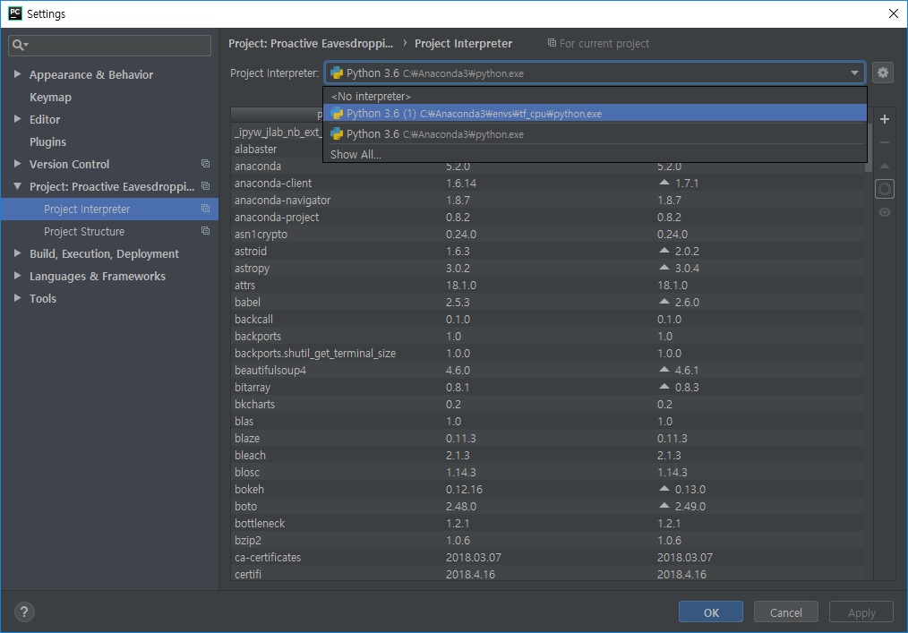 Anaconda, Tensorflow (CPU), Pycharm 설치