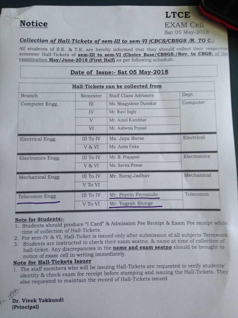 EXTC Department: Notice Regarding Collection of Hall Tickets of SE and TE