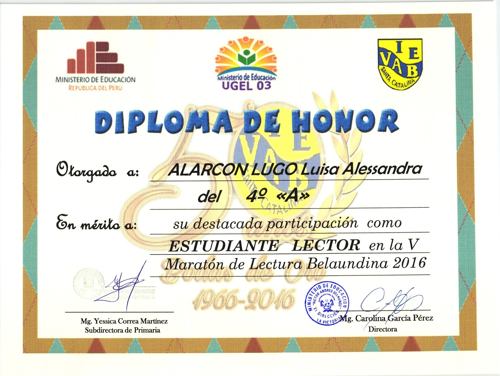 I.E. Nº 1112 VICTOR ANDRES BELAUNDE NIVEL PRIMARIA: DIPLOMA AL ...