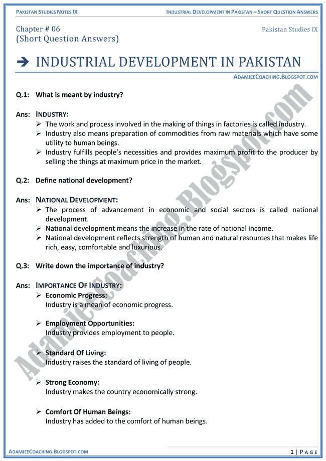 Adamjee Coaching: Industrial Development in Pakistan - Short Question ...