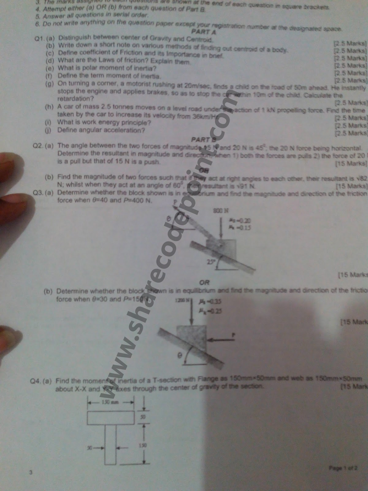 MEC107 : Basic Engineering Mechanics End Term Exam Question Paper - MEC ...