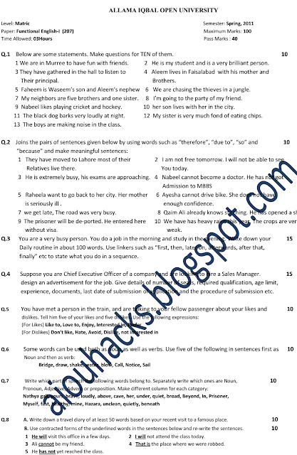 Matric English-I 207 Past Papers