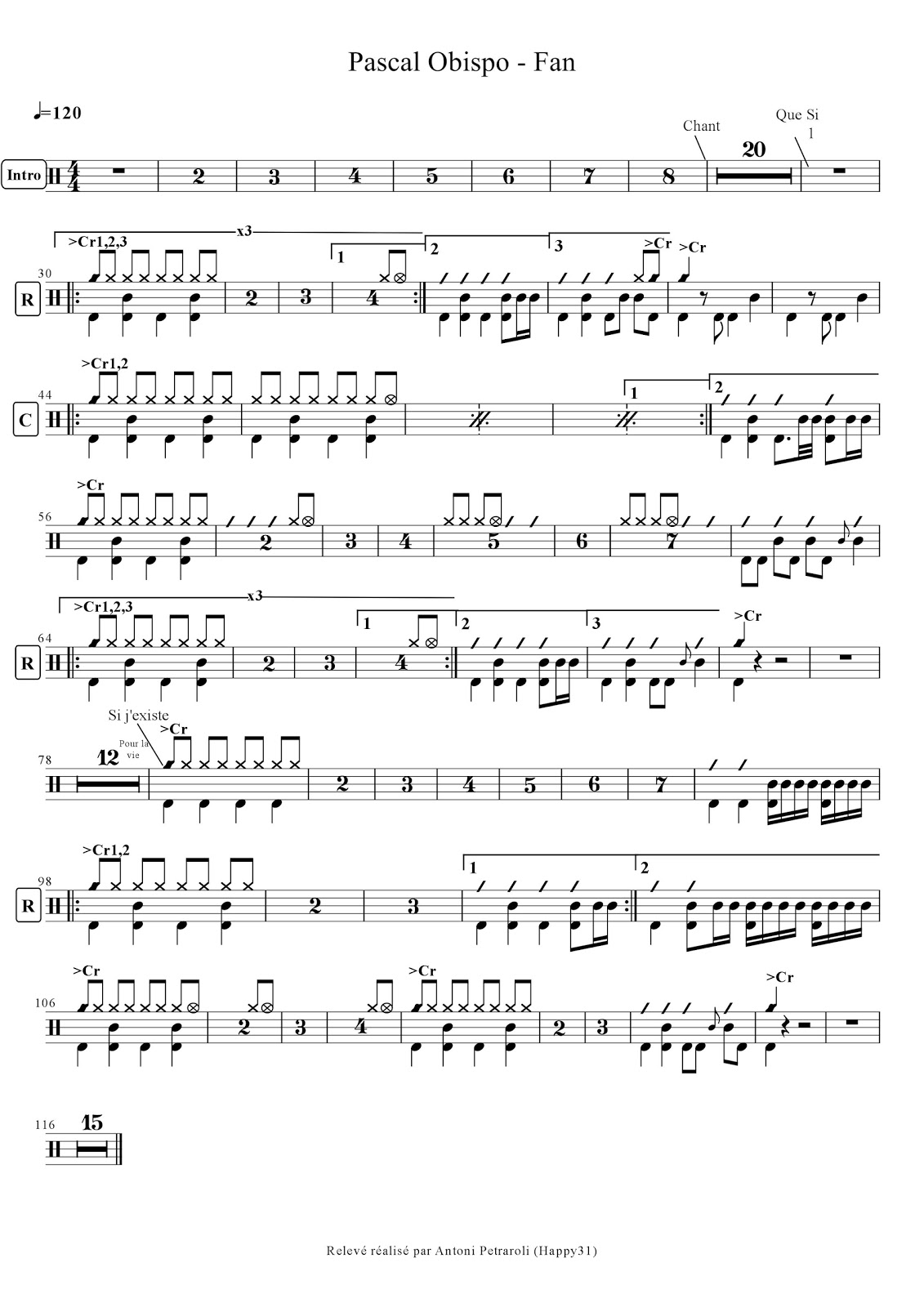 Transcriptions personnelles pour batterie: Pascal Obispo - Fan