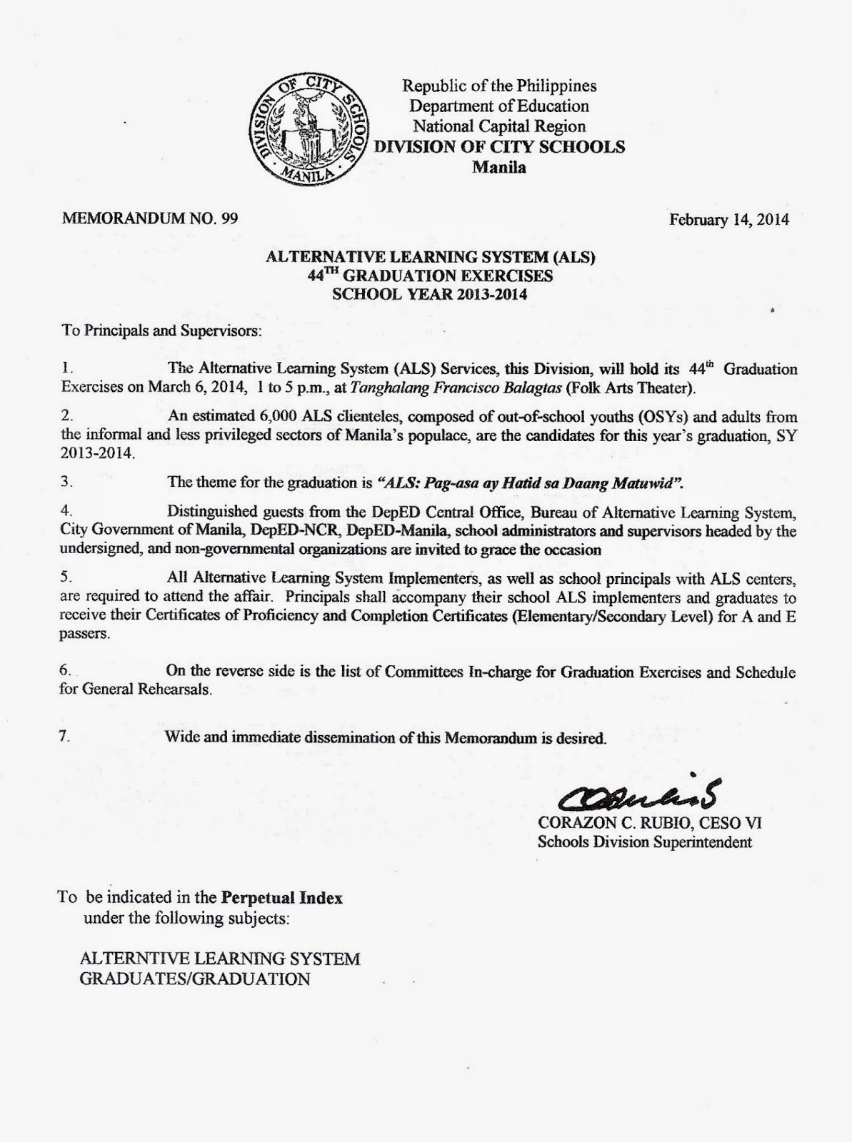 Department of Education Manila: Division Memorandum No. 99 ...