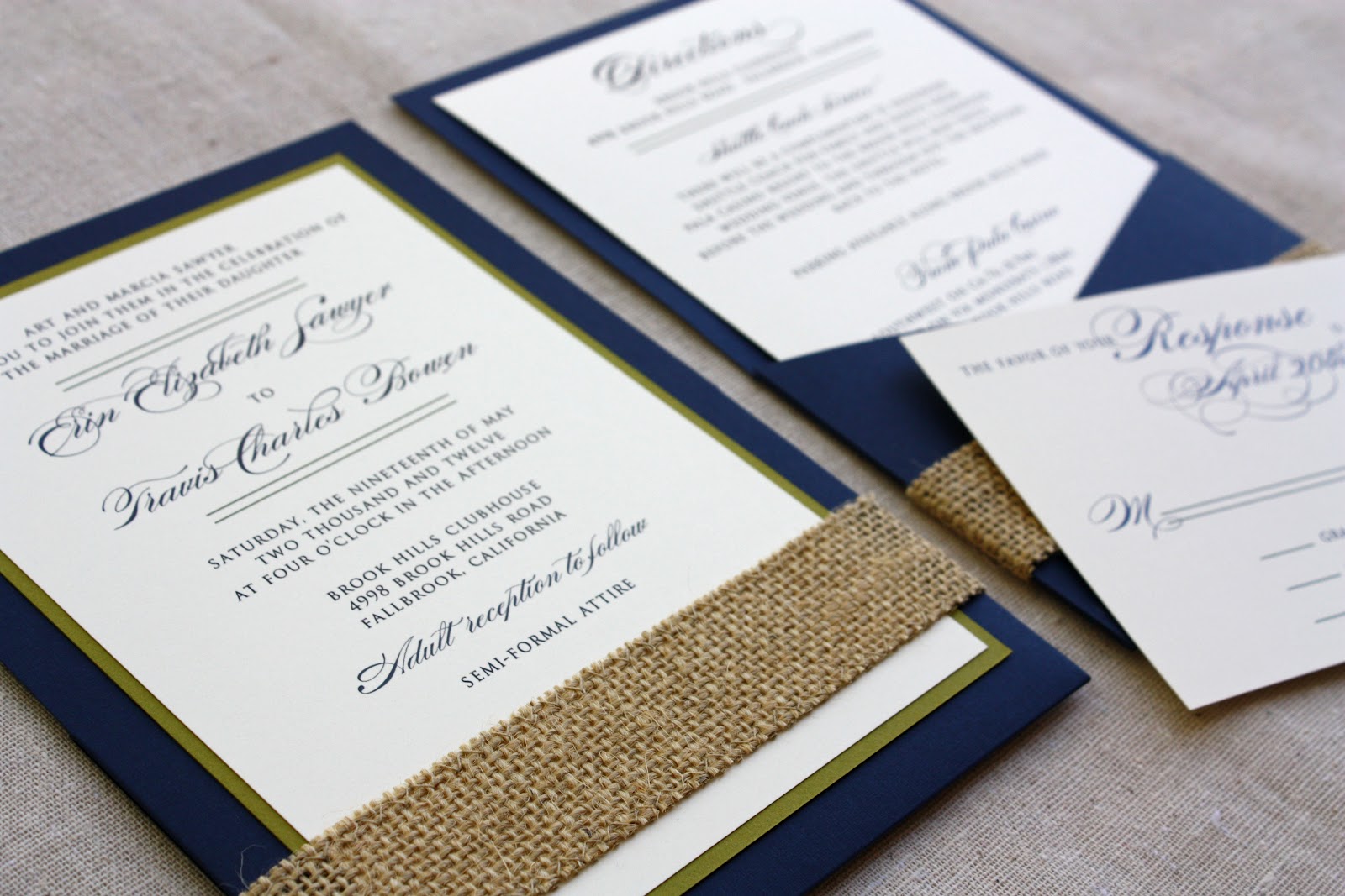 Spotted Ink: Navy Invitations With A Burlap Touch