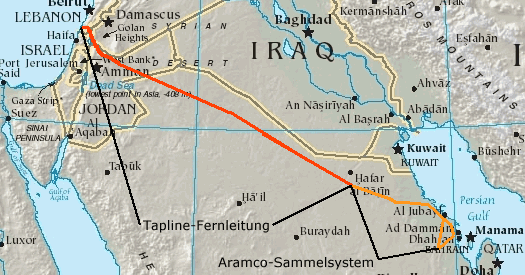 HISTORICAL MAPS: Trans-Arabian Pipeline Map - Arabian Petrol Pipeline Map