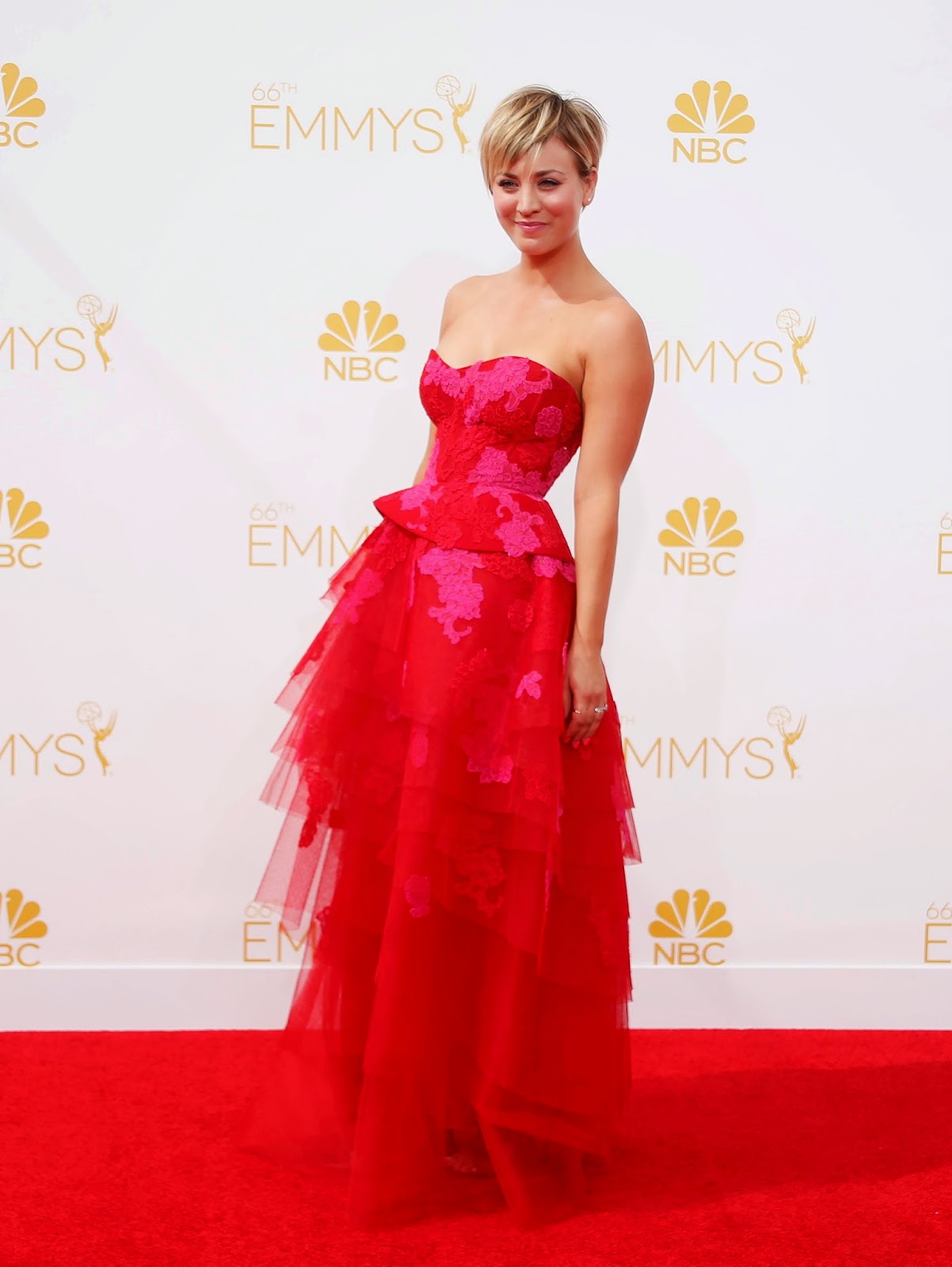 Kaley Cuoco Red Dress in 66th Annual Emmy Awards Red Carper - Popular ...