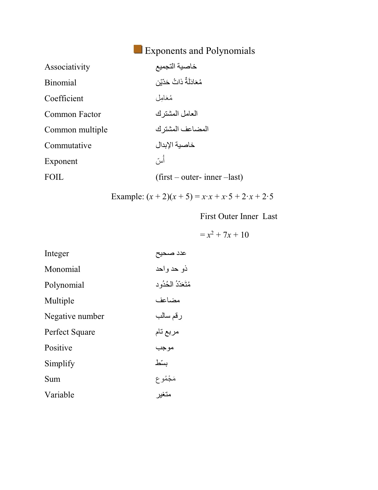 RAK Colleges FND Math: Math Vocabulary--English/Arabic