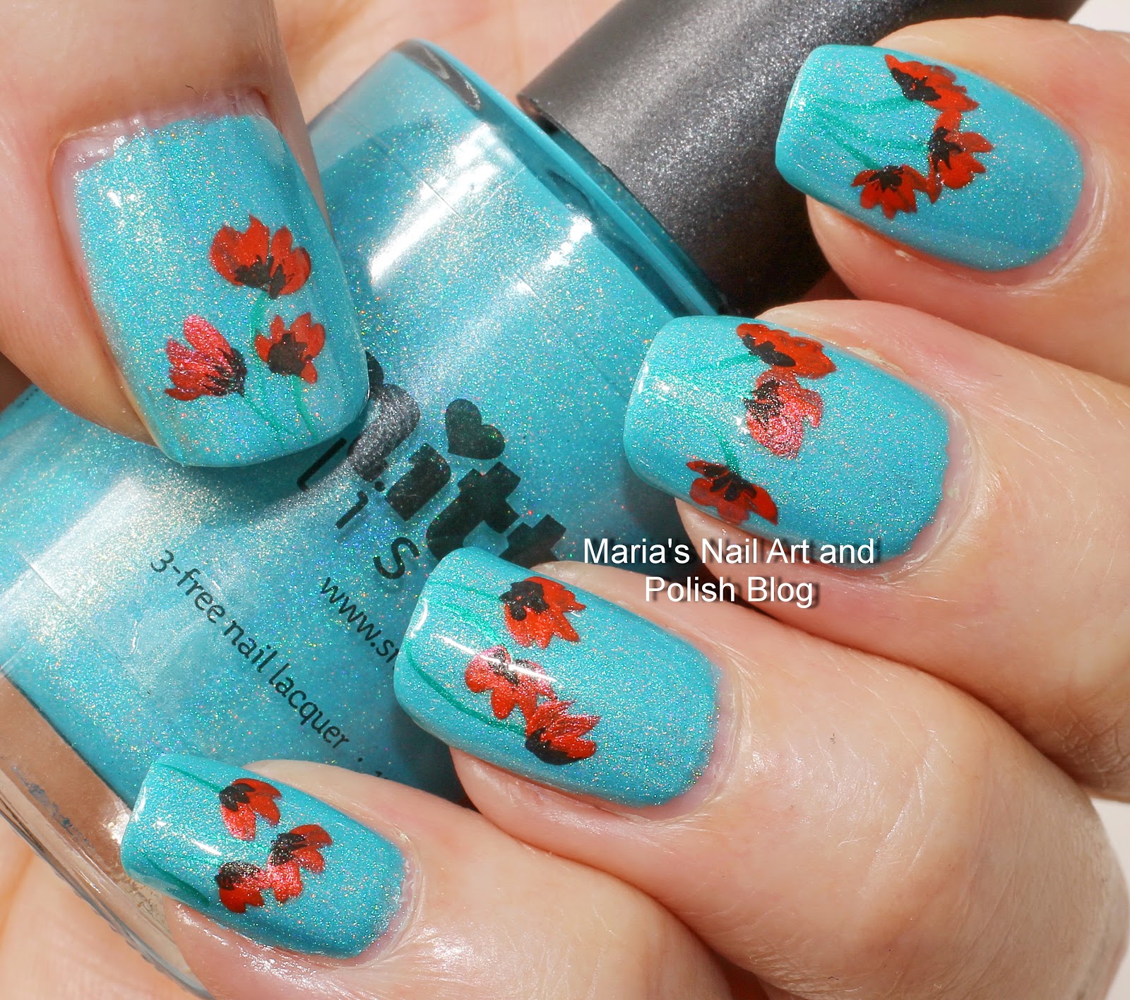Marias Nail Art and Polish Blog: Red poppy nail art on Himalayan Blue Poppy