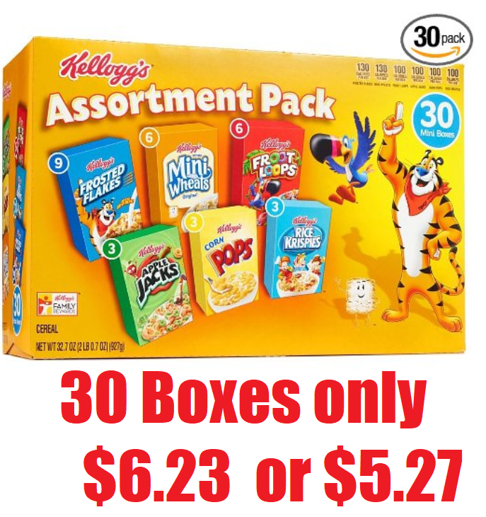 30 Boxes of Kellogg's Cereal Single-Serve Boxes Assortment Pack $6.23 ...