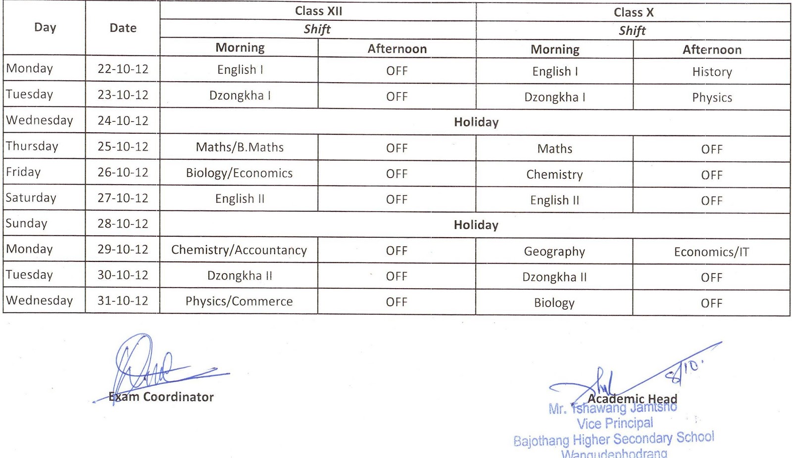 Time Tables ~ Bajothang Higher Secondary School