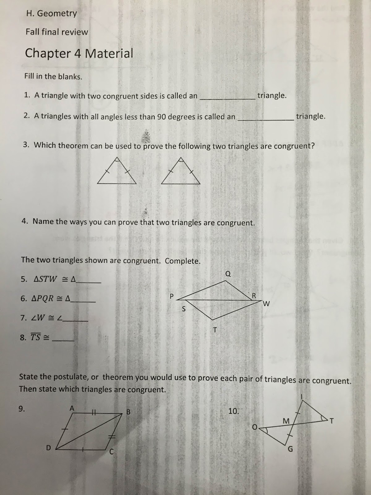 Honors Geometry - Vintage High School: Chapter 4 Fall final review