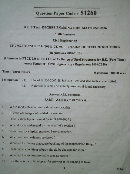 CE2352 Design of Steel Structures May June 2016 Question Paper ...