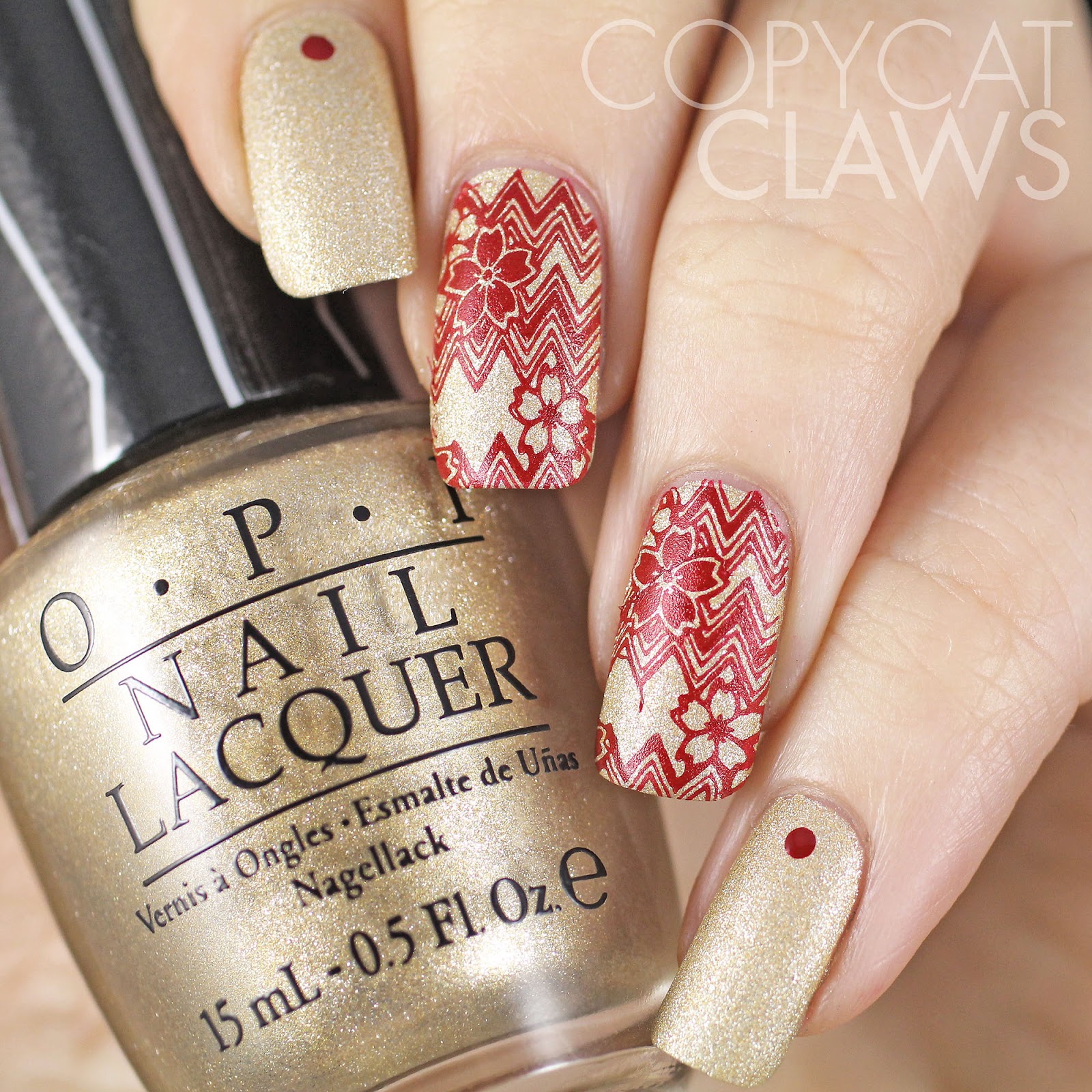 Copycat Claws: Red and Gold Chevron Nail Stamping