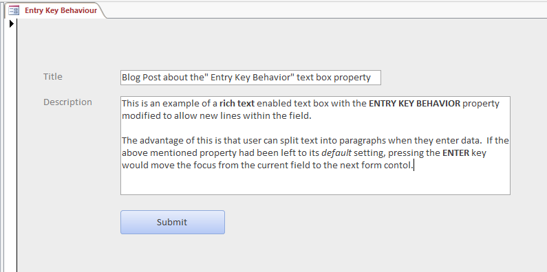 Microsoft Access Tips: Changing "Entry Key Behaviour" to Allow New Lines within a Textbox