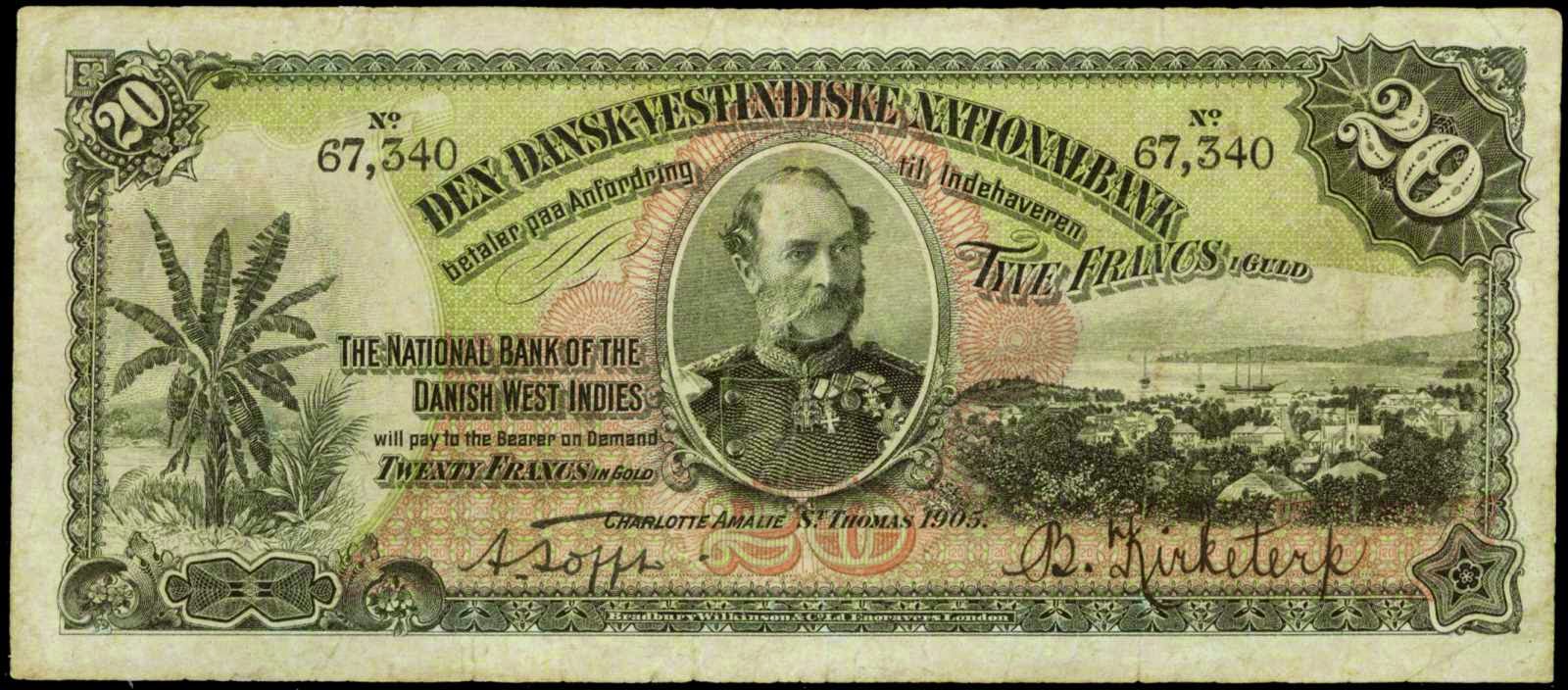 Danish West Indies 20 Francs in Gold note 1905|World Banknotes & Coins ...