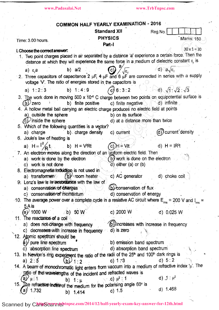 12th Physics - Half Yearly Exam Answer Key - English Medium ~ Padasalai.Net - No.1 Educational ...