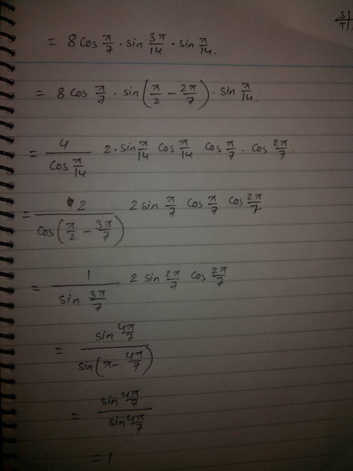 Q Prove That 8cos pi 7 sin 3 pi 14 sin pi 14 1 S E E Solution q-prove-that-8cos-pi-7-sin-3-pi-14-sin-pi-14-1-s-e-e-solution