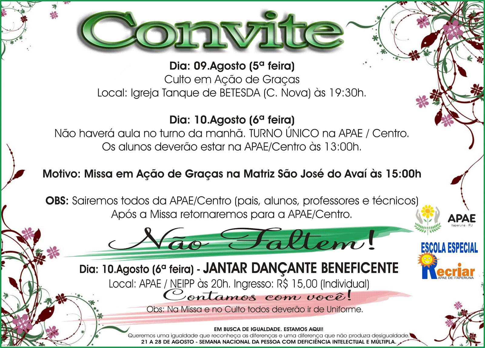 APAE DE ITAPERUNA: UM CONVITE ESPECIAL PARA VOCÊ!