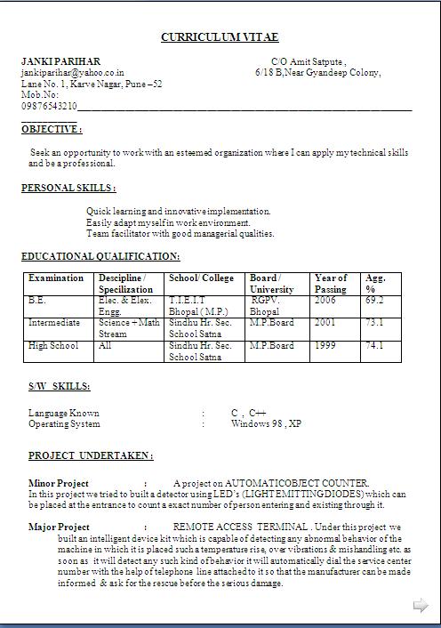 BE EEE Fresher CV Format in Word Format