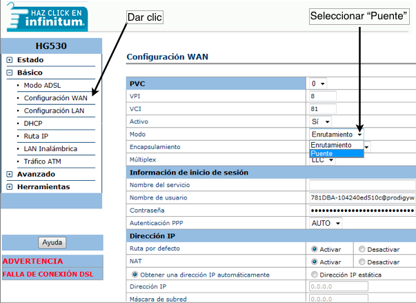 REDES: CONFIGURACIÓN DEL MÓDEM MODO PUENTE