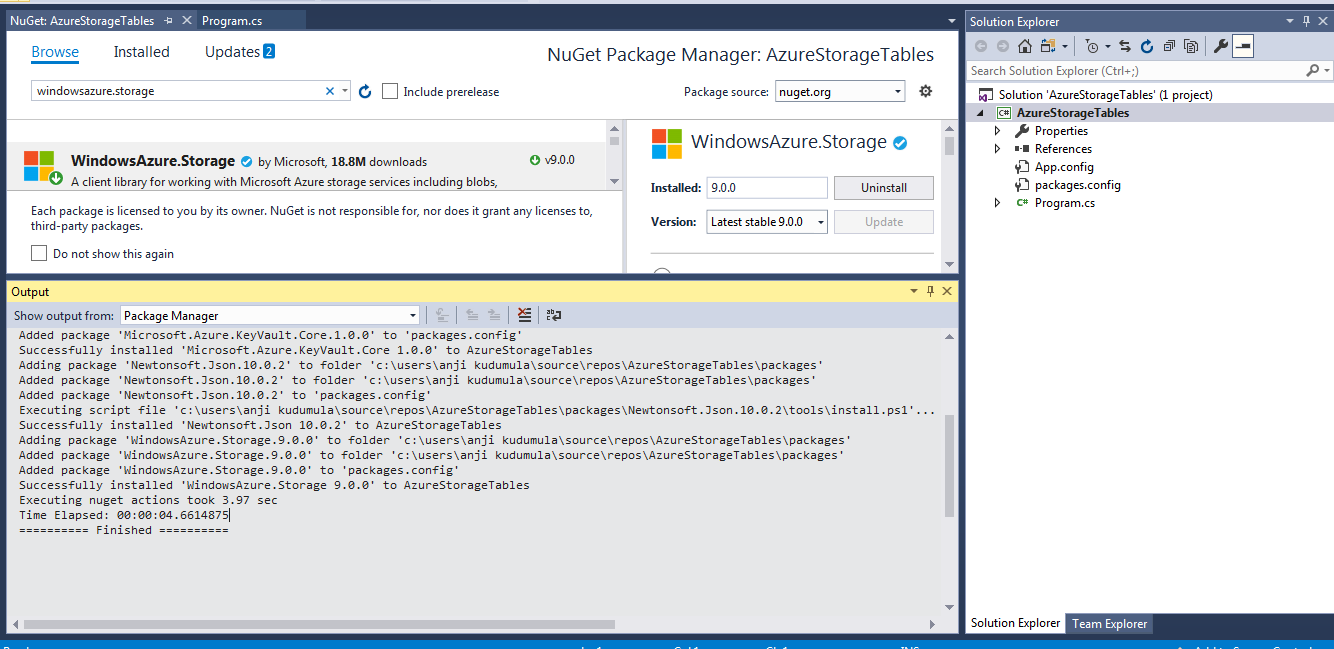 Azure Storage Tables with Visual Studio 2017