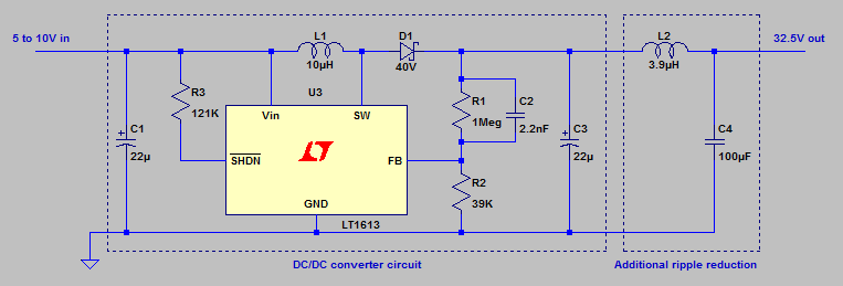 Tom's Guitar Projects: Low noise 9V to 33V DC/DC converter