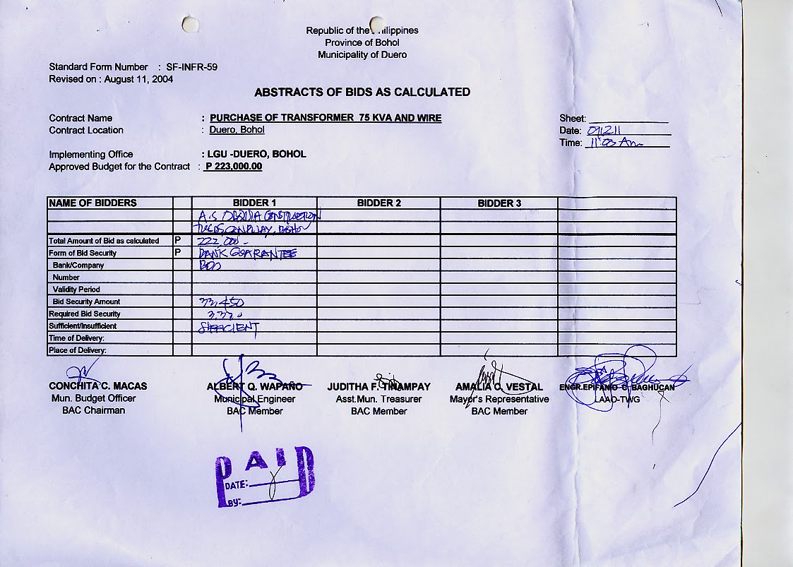 The Municipality of Duero, Bohol: * Abstract of Bids as Read