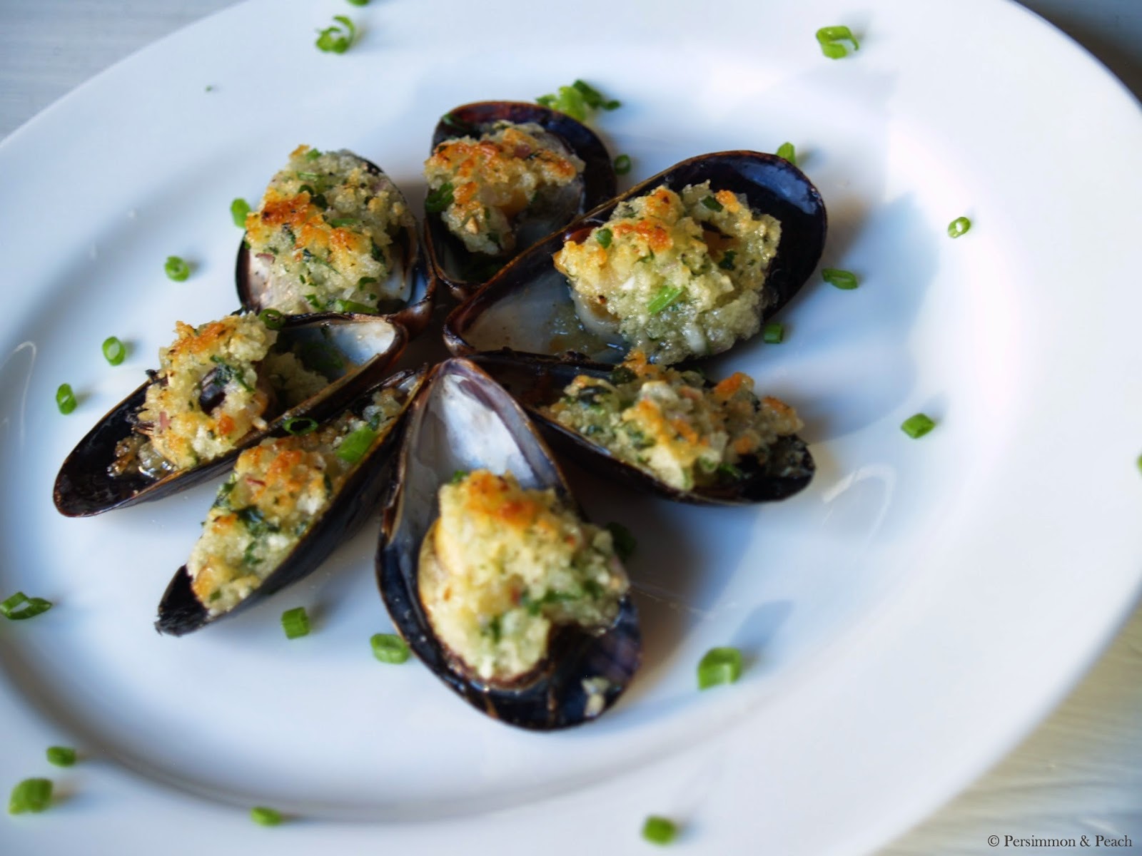 Persimmon and Peach: Mussels on the Half Shell, Gratinéed