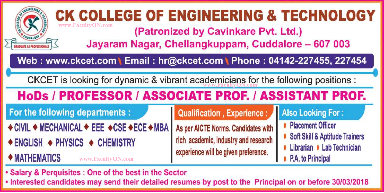 [Updated] CK College of Engineering and Technology, Cuddalore, Wanted ...