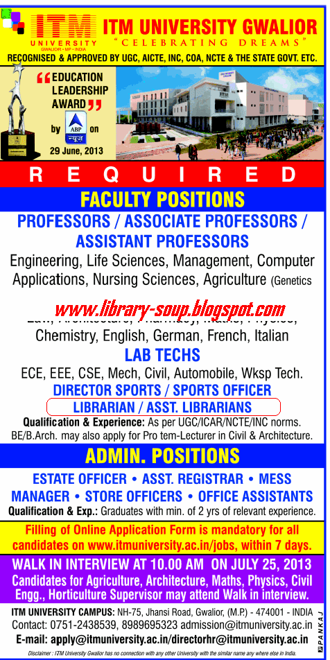 The Library Soup : Librarian & Assistant Librarian Vacancy at ITM ...