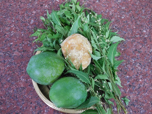 Happy Ugadi with Bevu Bella (Neem Jaggery) and Mangai Pachadi(Mango Jam)