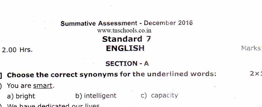 7th standard 2nd summative assessment exam question paper December 2016 ...