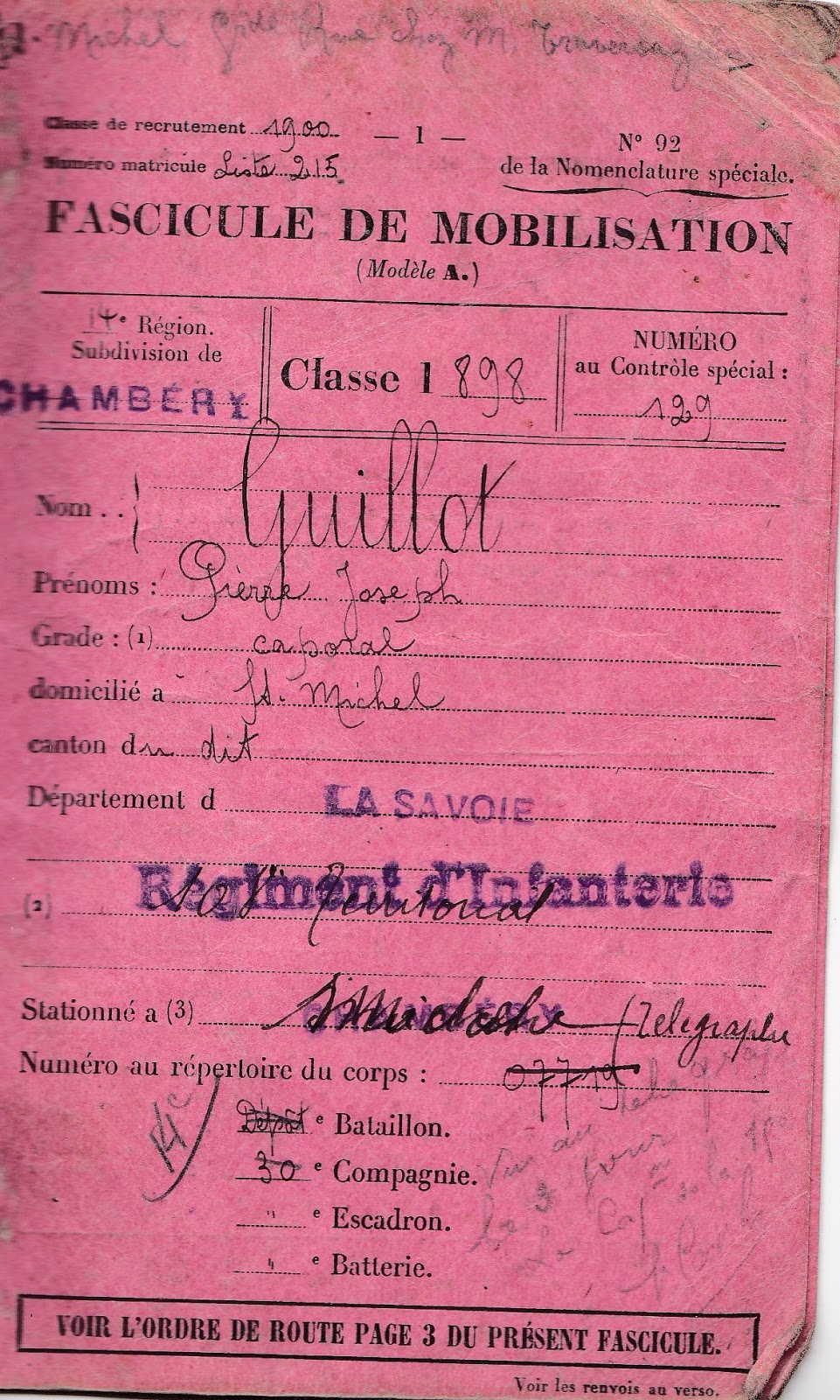 Le carnet de Pierre, 1914-2014: Fiche de mobilisation